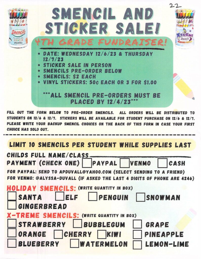 4th Grade Fundraiser: Smencil Sale (2023/12/6 - 2023/12/7) - Q300 PTA
